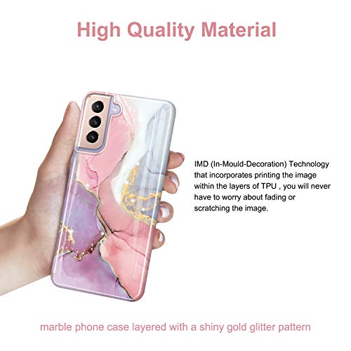 JIAXIUFEN Galaxy S21 Case Gold Sparkle Glitter Marble Slim Shockproof TPU Soft Rubber Silicone Cover Phone Case for Samsung Galaxy S21 5G 6.2 inch 2021 Pink Purple