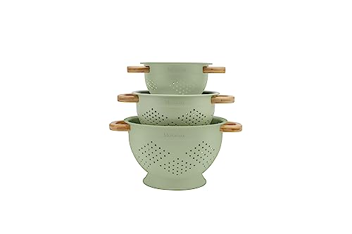 Molomax Metal Colander with Wood Handle | Set of 3 with Bamboo Handles | 1.5Q, 3Q, 5Q (Sage Leaf Green)