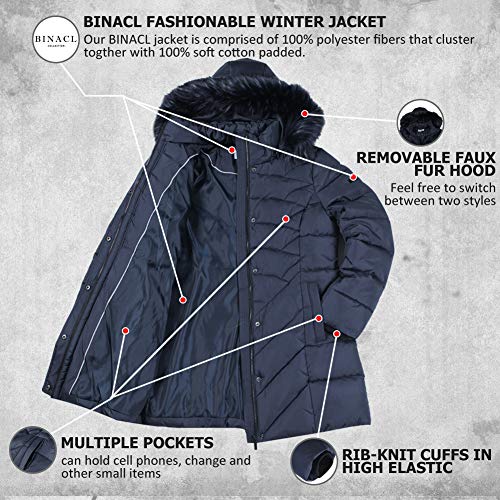 BINACL Women's Winter Warm Thickened Long Coat with Detachable Faux Fur Hood Outwear Zip Up Cotton Jacket with Pockets (Navy,XXL)