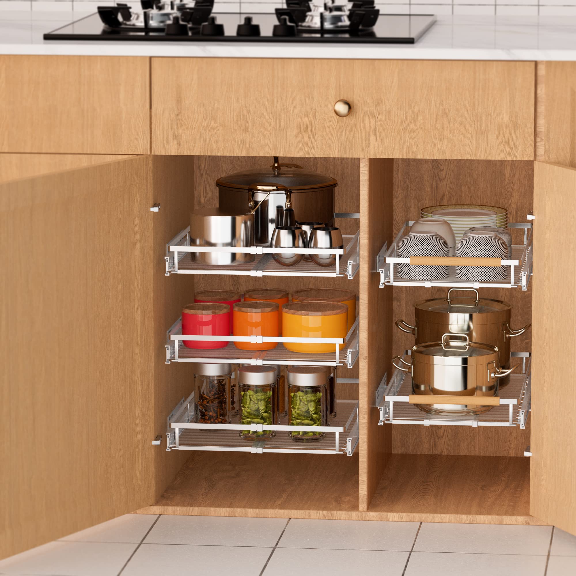 WEJIPP Pull Out Cabinet Drawer Organizer, Expandable & Adjustable Slide Out Kitchen Storage Shelves,Heavy Duty Rack,Under Sink Divider,Space Saving,Stainless Steel