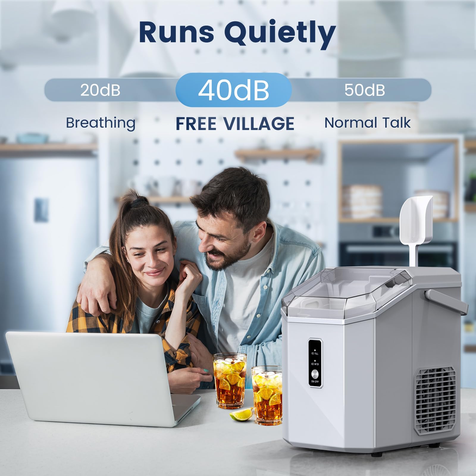 FREE VILLAGE Nugget Ice Maker Countertop, Pebble with Soft Chewy Pellet Ice, 11,000pcs/35Lbs/Day, Self-Cleaning, One-Click Operation, Portable Machine for Home Kitchen Bar Party, Grey