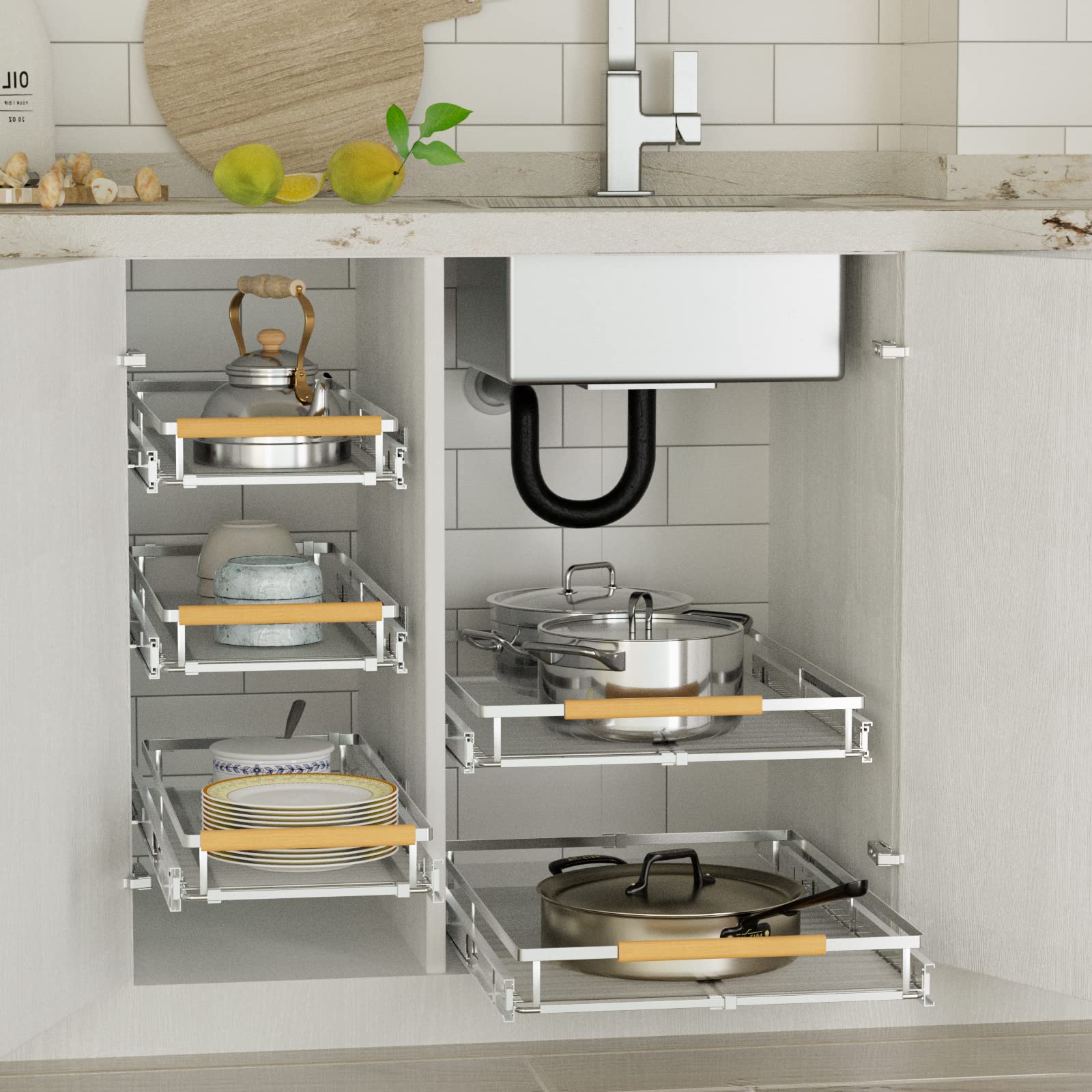 WEJIPP Pull Out Cabinet Drawer Organizer, Expandable & Adjustable Slide Out Kitchen Storage Shelves,Heavy Duty Rack,Under Sink Divider,Space Saving,Stainless Steel