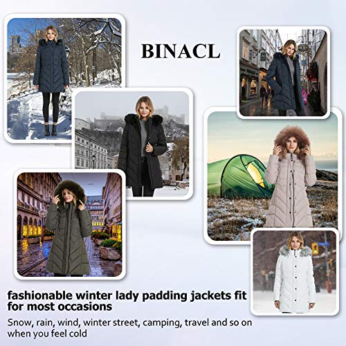 BINACL Women's Winter Warm Thickened Long Coat with Detachable Faux Fur Hood Outwear Zip Up Cotton Jacket with Pockets (Navy,XXL)