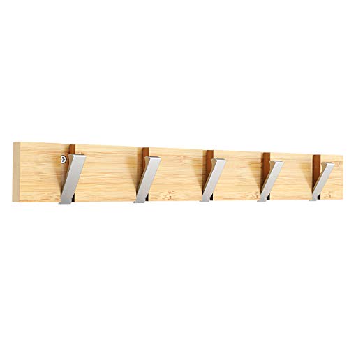 Anjuer Coat Hanger Wall Mounted Clothes Rack 5 Retractable Hooks Heavy Duty Clothes Hat Holder Bamboo Board Silver Hooks