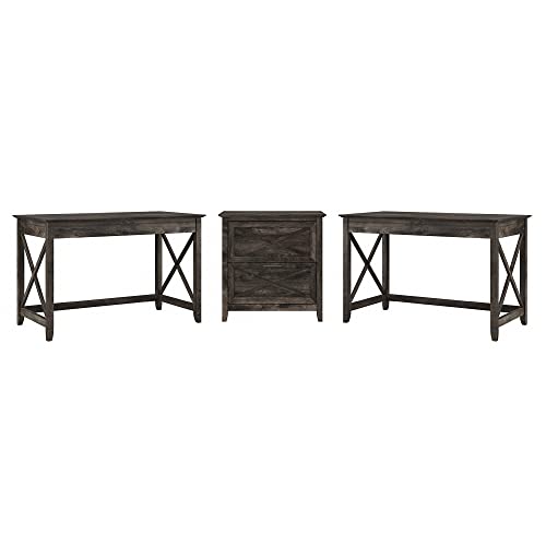 Bush Furniture Key West 2 Person Desk Set with Lateral File Cabinet in Linen White Oak