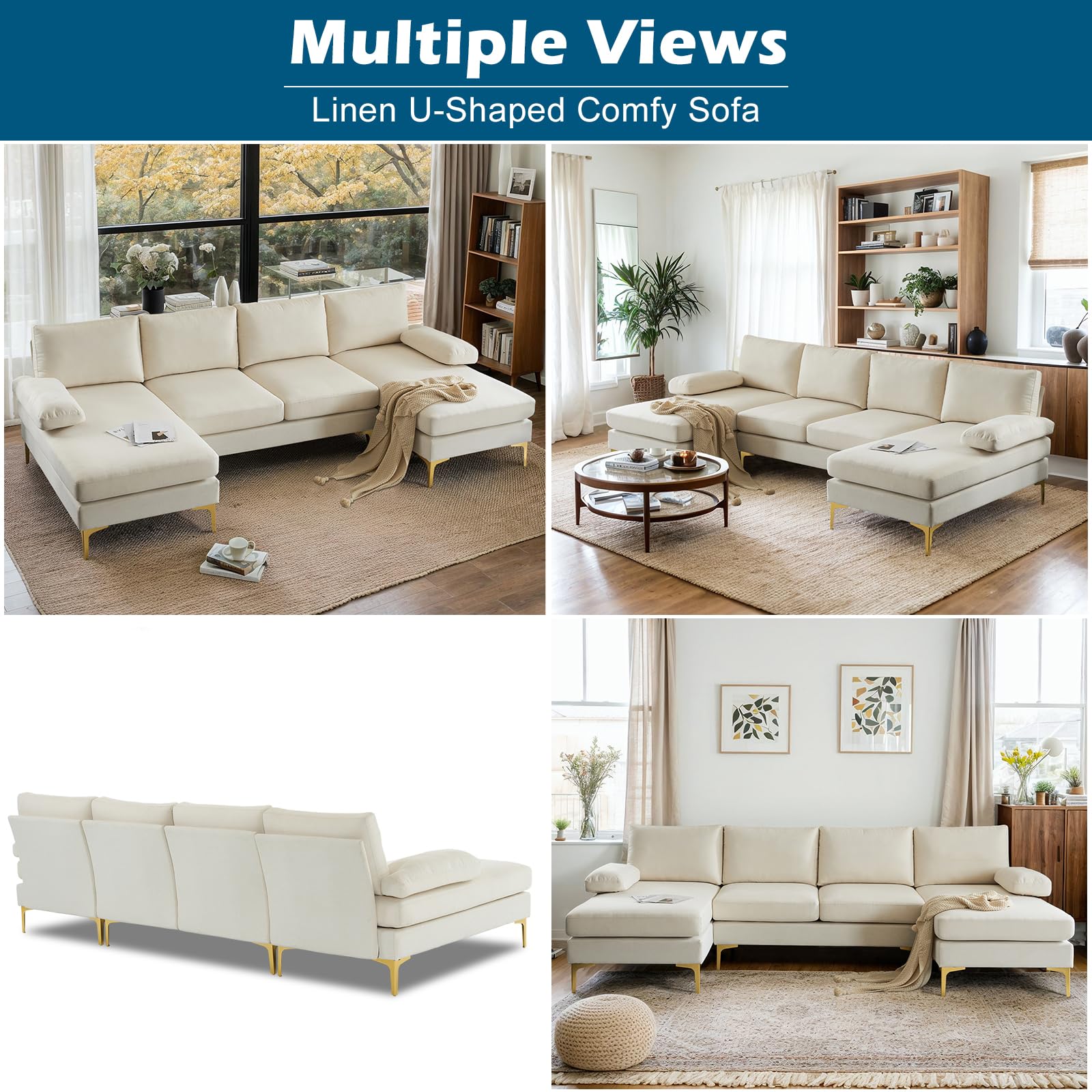 VINGLI 110" Modern U Shaped Sectional Couch with 51"D Double Chaise for Living Room, Beige Deep Seat Sectional Sofa Sets with 5.9" Thickness Seating Padding for Home Furniture,Linen Fabric,Metal Legs