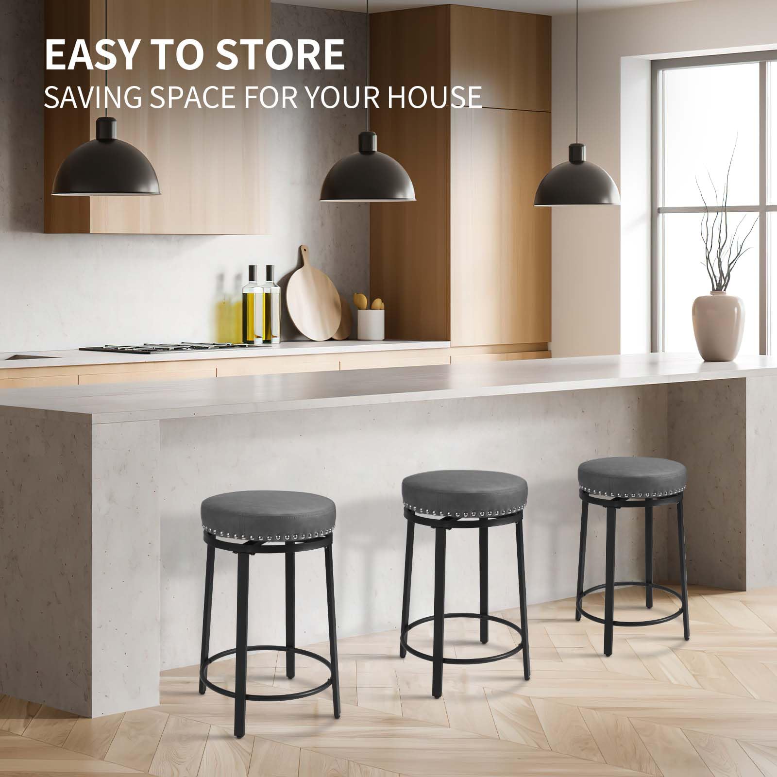 FLYZC Bar Stools Set of 2 Counter Height Swivel Bar Stools Backless Round Barstools 24inch Grey Upholstered Faux Leather Counter Height Stools Counter Stools for Kitchen Counter Island Grey