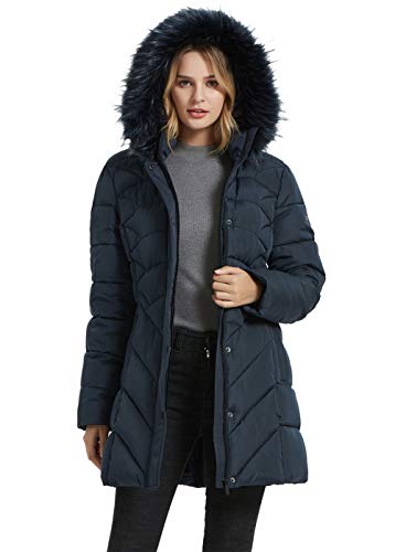 BINACL Women's Winter Warm Thickened Long Coat with Detachable Faux Fur Hood Outwear Zip Up Cotton Jacket with Pockets (Navy,XXL)