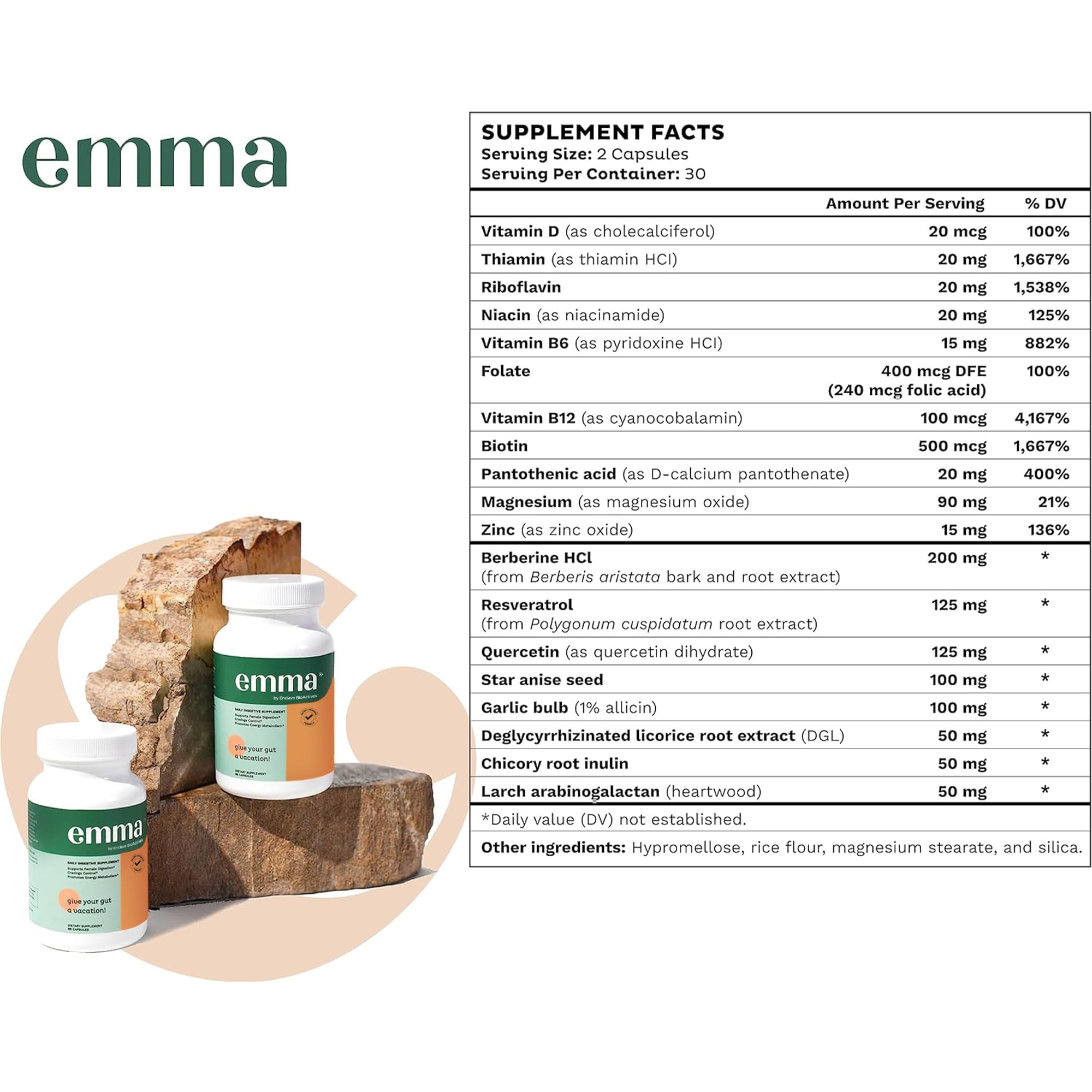Emma Gut Health - Gas and Bloating Relief, Constipation, Leaky Gut Repair - Gut Cleanse & Restore Digestion - Regulate Bowel Movement. Probiotics and Laxative Alternative, 60 Capsules