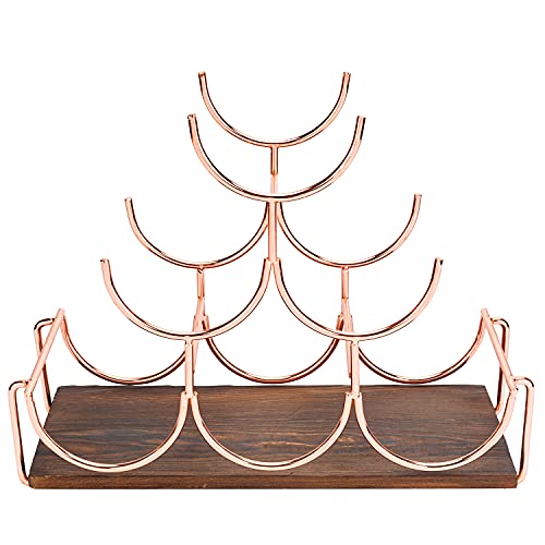 MyGift Rose Gold Wine Rack Countertop, 6 Bottle Modern Tabletop Metal Wire Stacked Wine Holder Stand with Burnt Wood Base