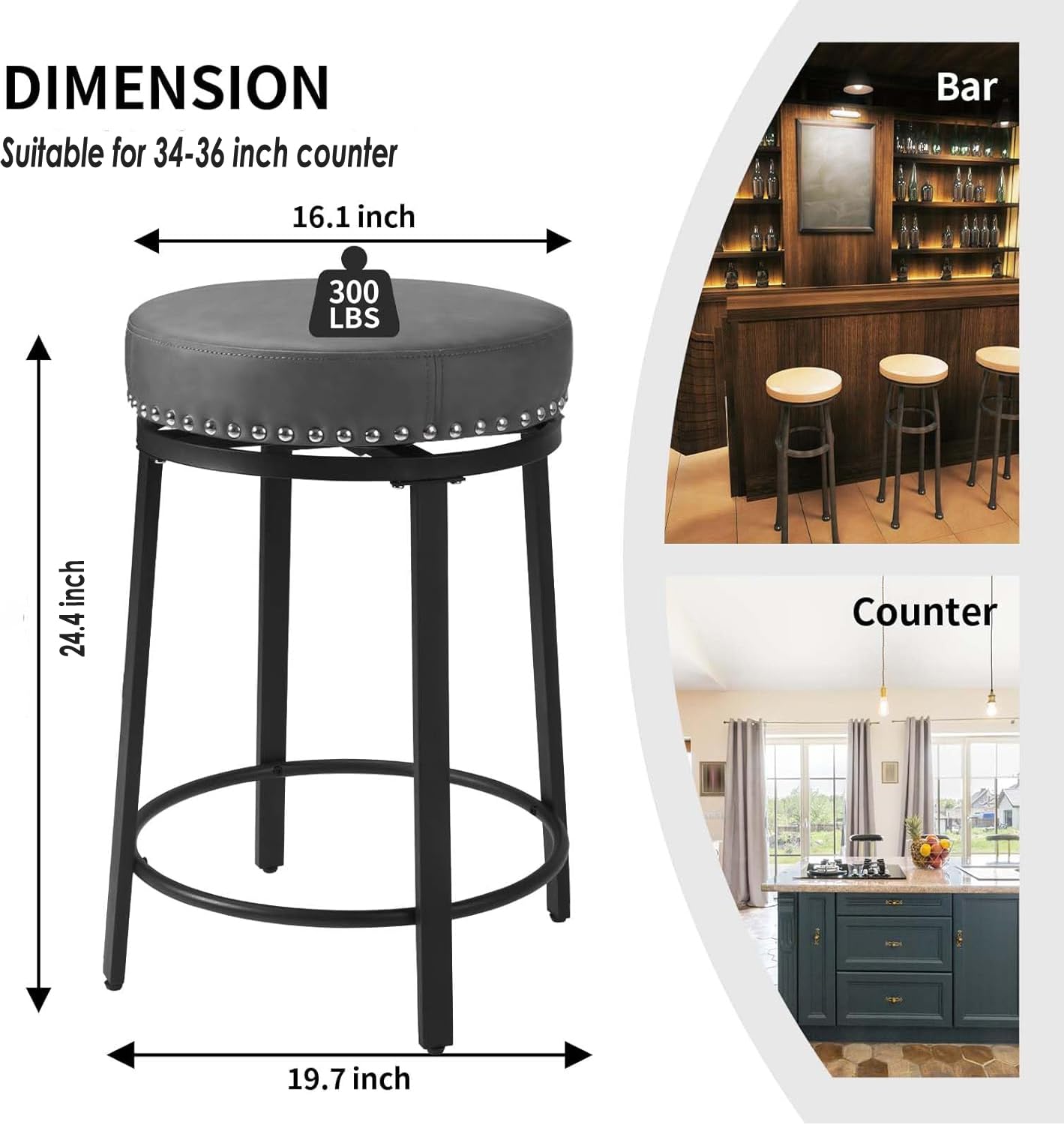 FLYZC Bar Stools Set of 2 Counter Height Swivel Bar Stools Backless Round Barstools 24inch Grey Upholstered Faux Leather Counter Height Stools Counter Stools for Kitchen Counter Island Grey