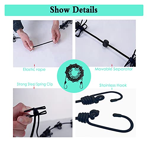 SFOCFWH Portable Elastic Clothesline, Outdoor Retractable Clothesline, with 12 Clothespins and 13 Spring Buckles, Suitable for Home, Travel, and Camping Accessories (Black)