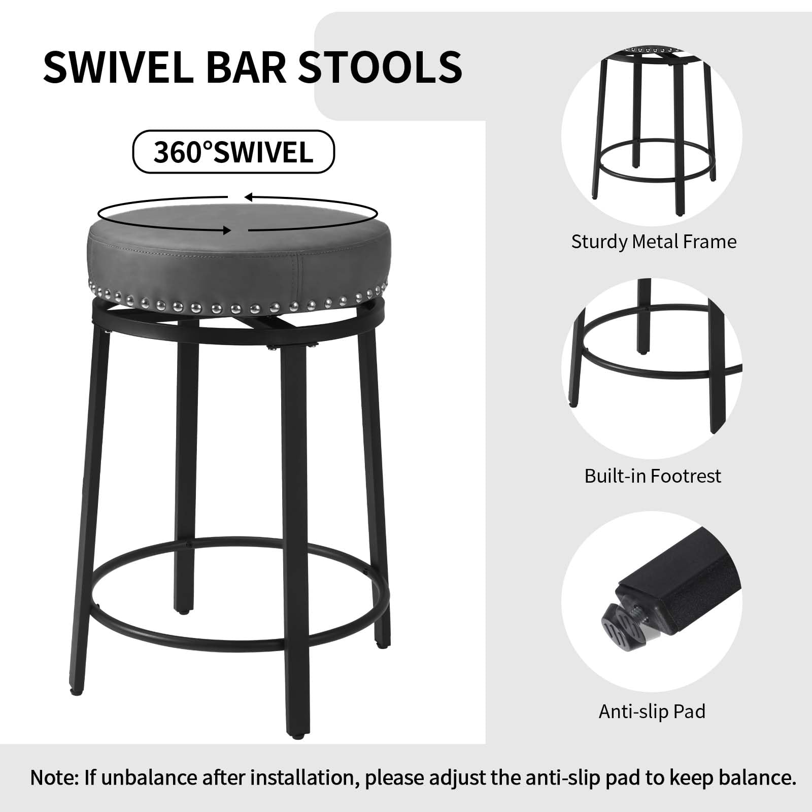 FLYZC Bar Stools Set of 2 Counter Height Swivel Bar Stools Backless Round Barstools 24inch Grey Upholstered Faux Leather Counter Height Stools Counter Stools for Kitchen Counter Island Grey