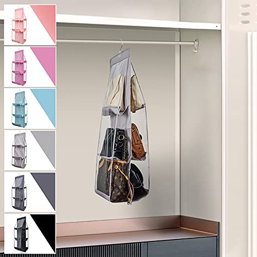 Vercord Hanging Purse Organinzer Handbag Tote Hanger Closet Dustproof Storage Bag with Six Pockets Light Gray