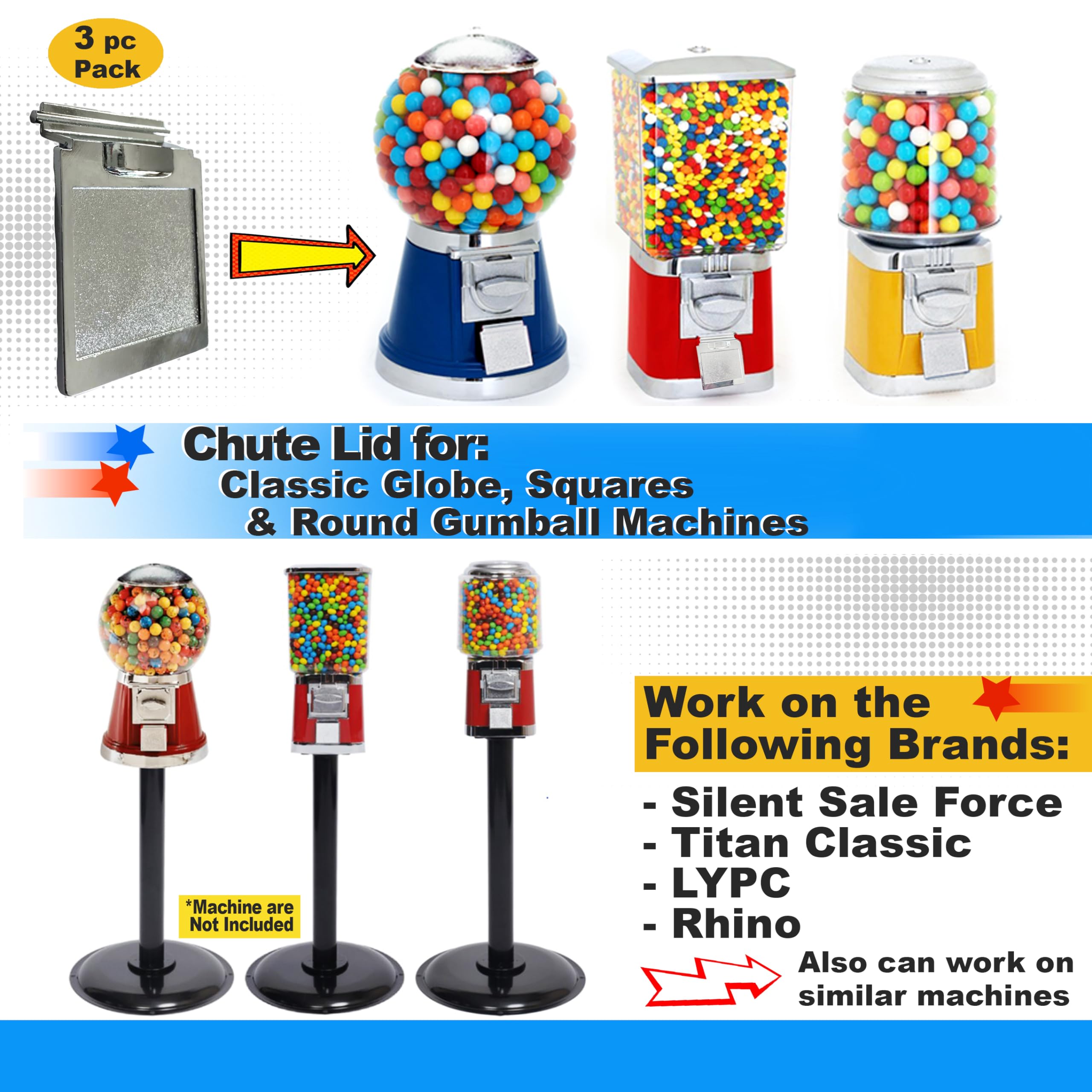 Gumball Machine Chute Lid - Classic Gumball Machine Shute lid or Gum Flap for Gumball and Toy Capsules Vending Machines. 3pc Pack - Replacement Part
