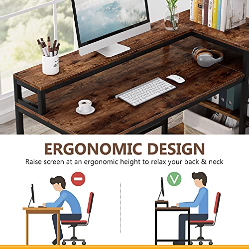 Tribesigns 55 Inch Reversible L Shaped Computer Desk with Storage Shelf, Industrial Corner Desk with Shelves and Monitor Stand, Study Writing Table for Home Office (55" D x 41" W, Rustic Brown)