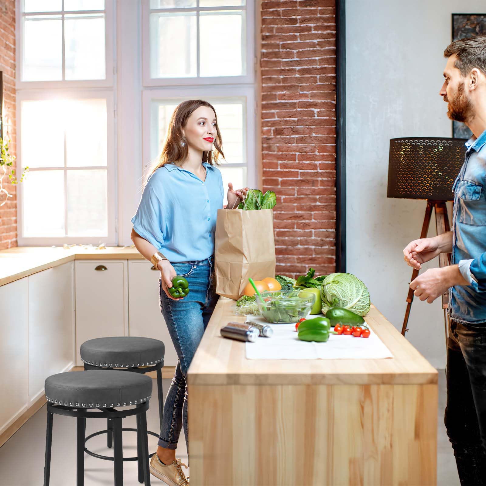 FLYZC Bar Stools Set of 2 Counter Height Swivel Bar Stools Backless Round Barstools 24inch Grey Upholstered Faux Leather Counter Height Stools Counter Stools for Kitchen Counter Island Grey