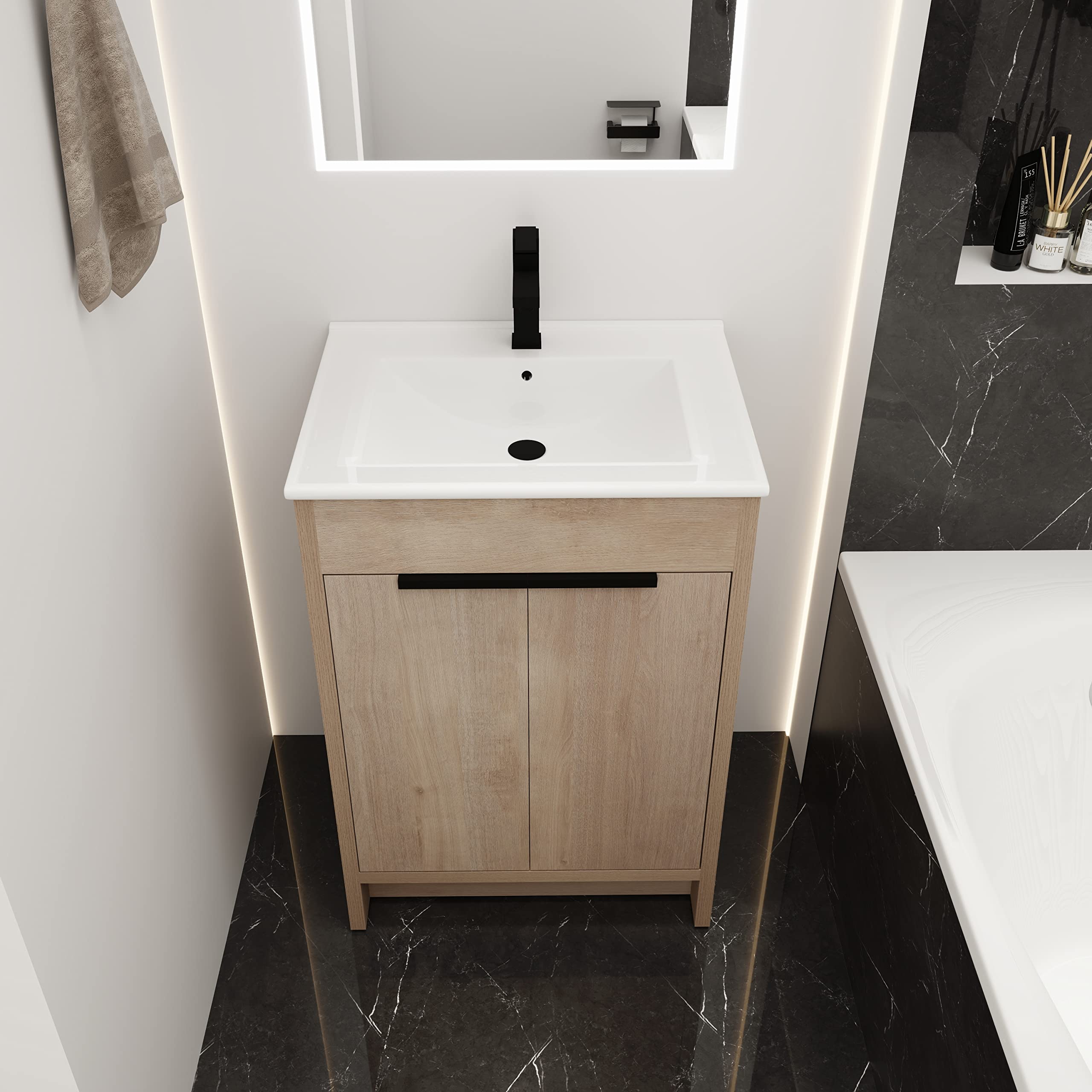 Goujxcy 24'' Freestanding Bathroom Vanity with White Ceramic Sink and 2 Soft-Close Storage Cabinet Doors Wooden Bath Cabinet Integrated Single Sink for Bathroom (Light Oak-24'')