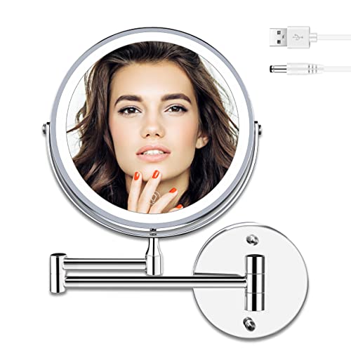 AMZTOLIFE Rechargeable Wall Mounted Lighted Makeup Mirror, Extendable Double Sided Vanity Mirror with 10X Magnification, 8 Inch Led Magnifying Mirror with 3 Color Lights Bathroom Mirror Chrome