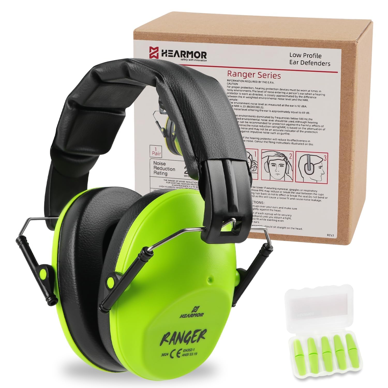 HEARMOR Safety Ear Protection Ear Muffs, Noise Cancelling Earmuffs for Tactical, Shooting Gun Range and Hunting, Fluorescent Green
