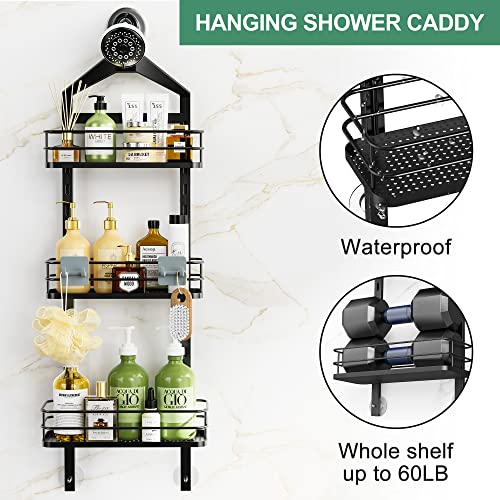 Thideewiz 3 Tier Hanging Shower Caddy Over Shower Head, Anti-Swing Shower Shelf, Adjustable Rustproof Shower Rack, Metal Shower Organizer with Hooks, Black