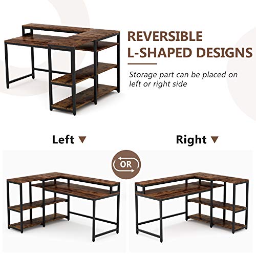 Tribesigns 55 Inch Reversible L Shaped Computer Desk with Storage Shelf, Industrial Corner Desk with Shelves and Monitor Stand, Study Writing Table for Home Office (55" D x 41" W, Rustic Brown)
