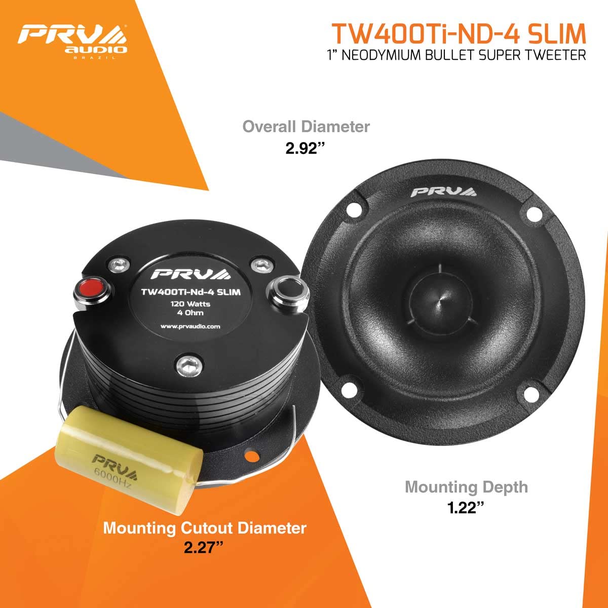 PRV Audio Bullet Super Tweeters Neodymium, 3 Inch Tweeter Black TW400Ti-Nd-4 Slim 120 Watts Max Power 4 Ohm, Easy to Mount PRV Tweeters Pair, 3 Inch Speaker Replacement (2 Tweeters)