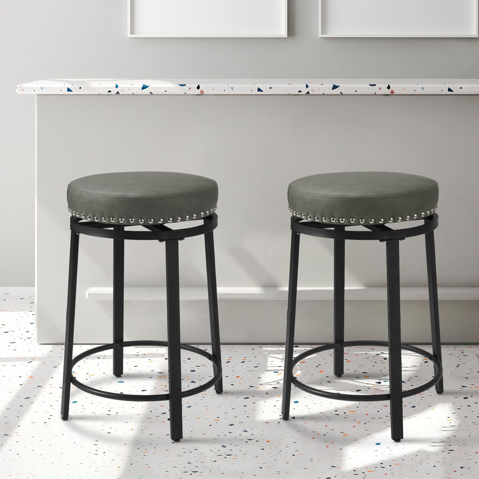 FLYZC Bar Stools Set of 2 Counter Height Swivel Bar Stools Backless Round Barstools 24inch Grey Upholstered Faux Leather Counter Height Stools Counter Stools for Kitchen Counter Island Grey