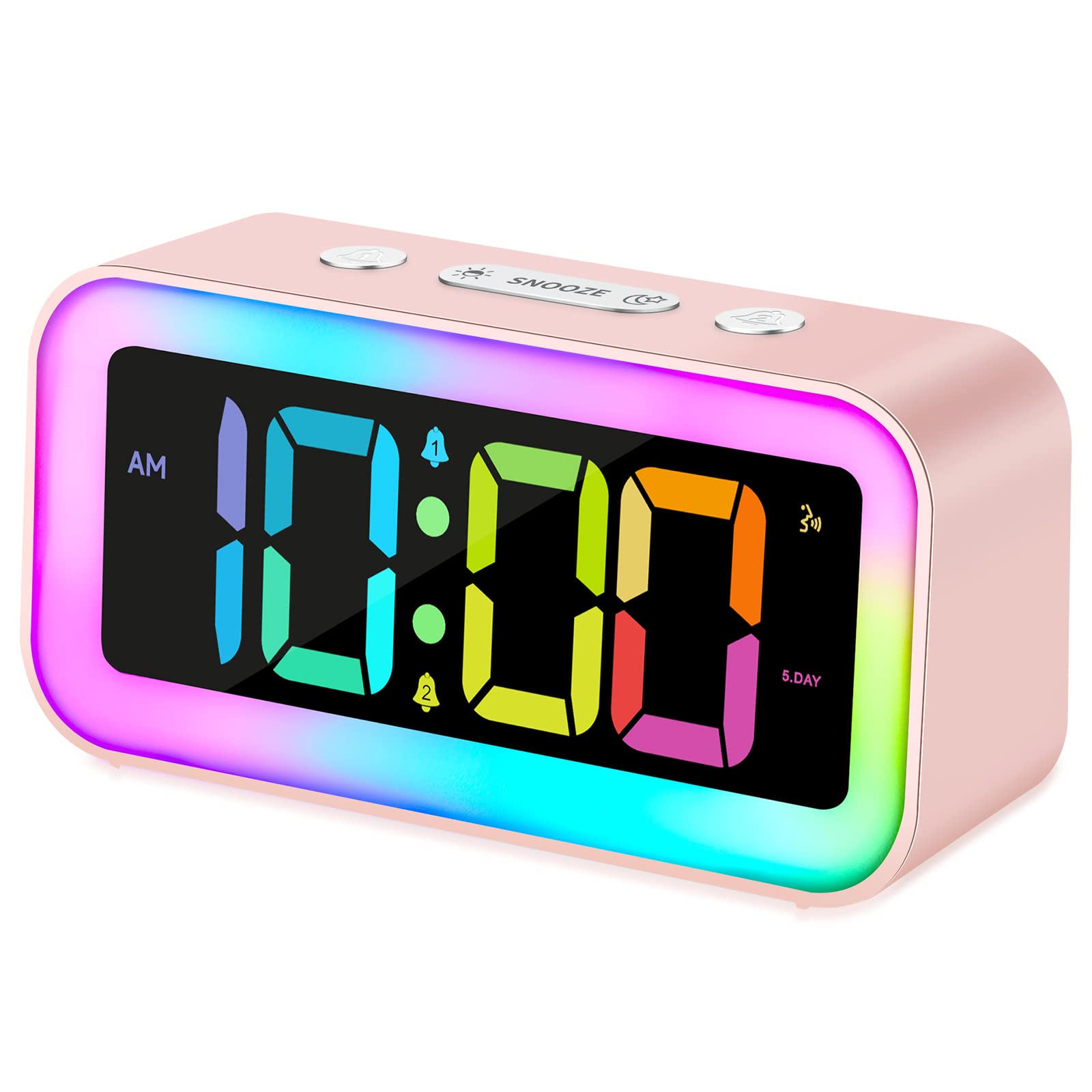 Cadmos Cute Pink Loud Alarm Clock with RGB Night Light - Perfect for Girls Room Decor and Kawaii Gifts, Small Size for Bedside or Desk Lamp in Bedrooms, Ideal for Kids, Teens (Light Pink)