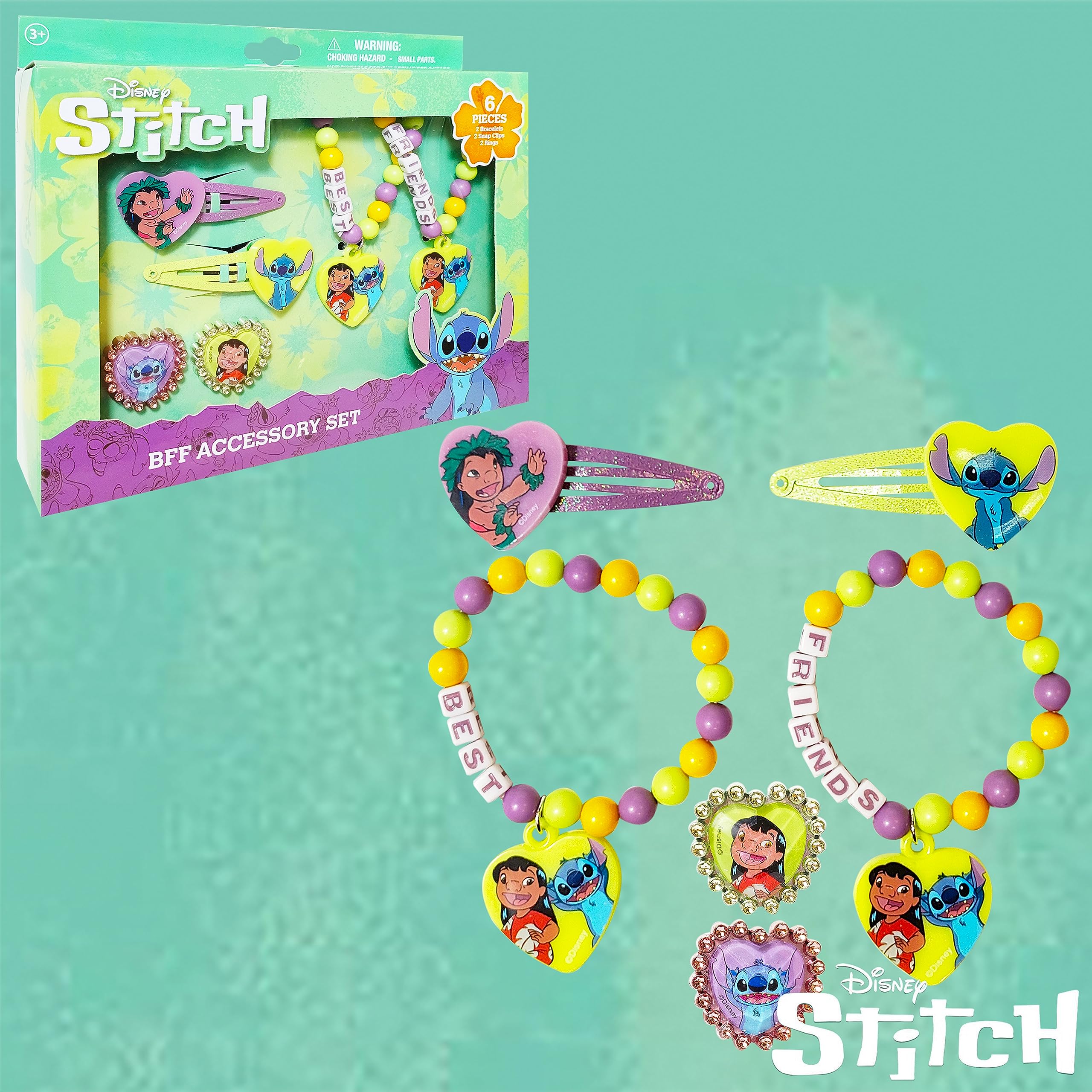 LUV HER Disney Stitch Girls BFF 6 Piece Toy Jewelry Box Set with 2 Rings, 2 Bead Bracelets and Snap Hair Clips Ages 3+