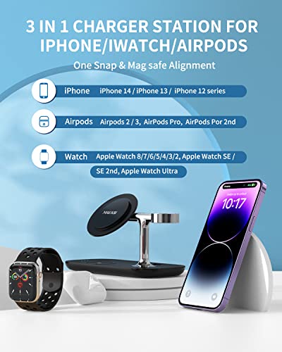 MAKAQI 3 in 1 Mag-Safe Charging Station, Wireless Charger Stand Compatible with Magsafe Charger iPhone 14/13/12, Fast Charging Stand for AirPods Pro 2nd/3/2, Apple Watch Ultra SE 2nd/8/7