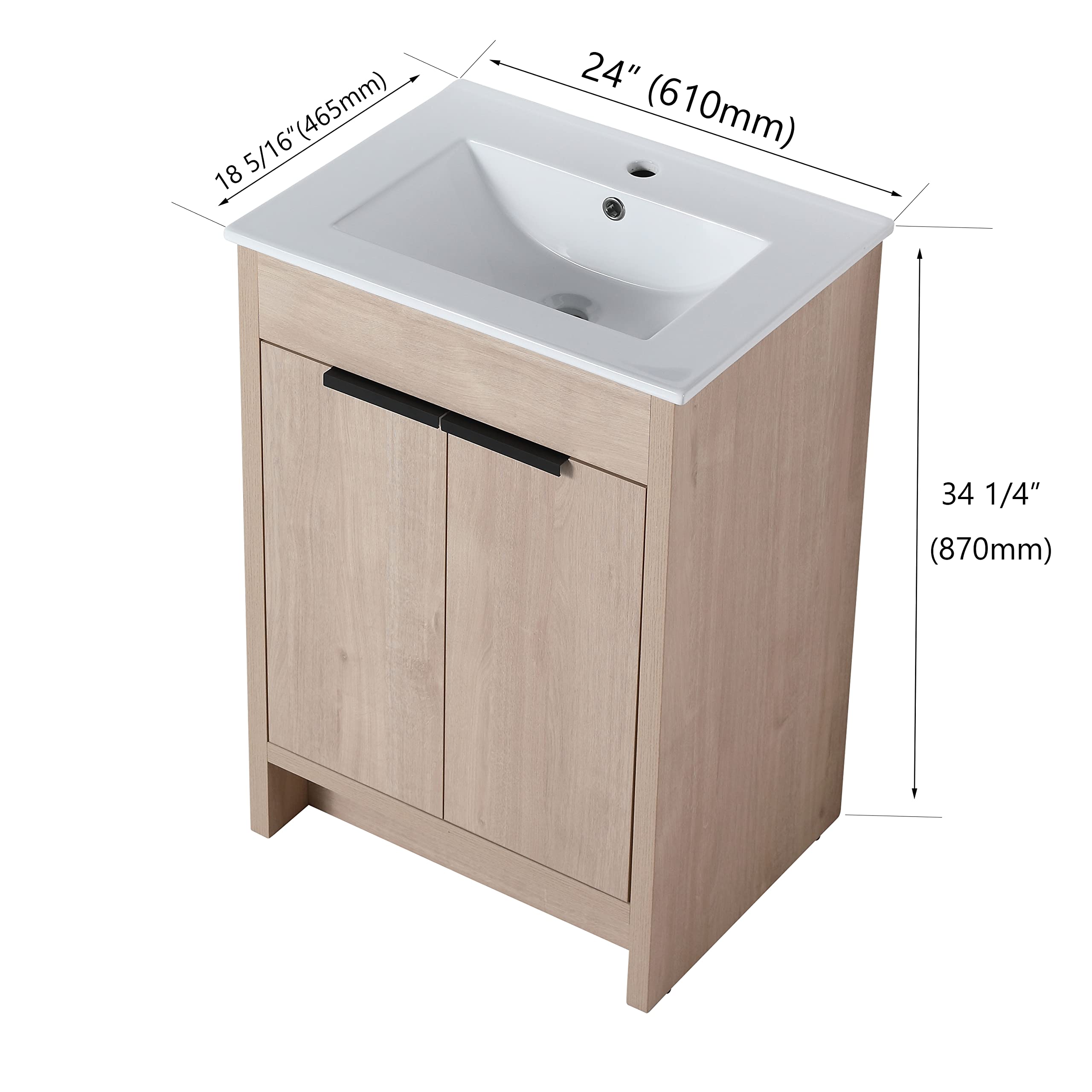 Goujxcy 24'' Freestanding Bathroom Vanity with White Ceramic Sink and 2 Soft-Close Storage Cabinet Doors Wooden Bath Cabinet Integrated Single Sink for Bathroom (Light Oak-24'')