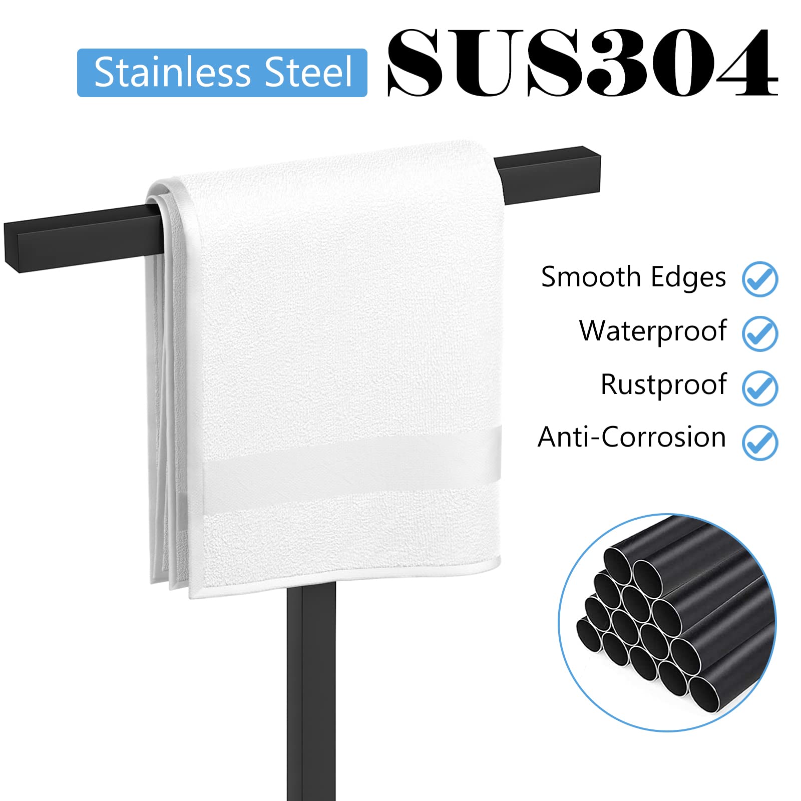 Pynsseu Hand Towel Holder Stand, Matte Black SUS304 Stainless Steel Freestanding T-Shape Towel Bar Rack for Bathroom Kitchen Vanity Countertop