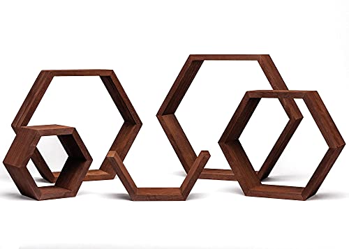 SweetSet Hexagon and Honeycomb Floating Wooden Shelves for Wall mountingStacking, Includes Set of 5 Shelves Screws and Anchors Included, Also Includes Measuring Template for Easy Mounting, Brown-red