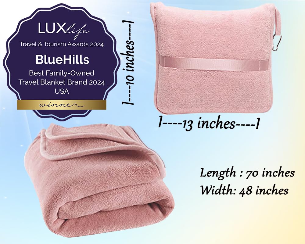 BlueHills Premium Soft Long Travel Blanket Pillow for Tall Airplane Flight Blanket 70 X48 inch Throw in Soft Bag case with Hand Luggage Belt & Backpack Clip Compact Pack Large Pink T055