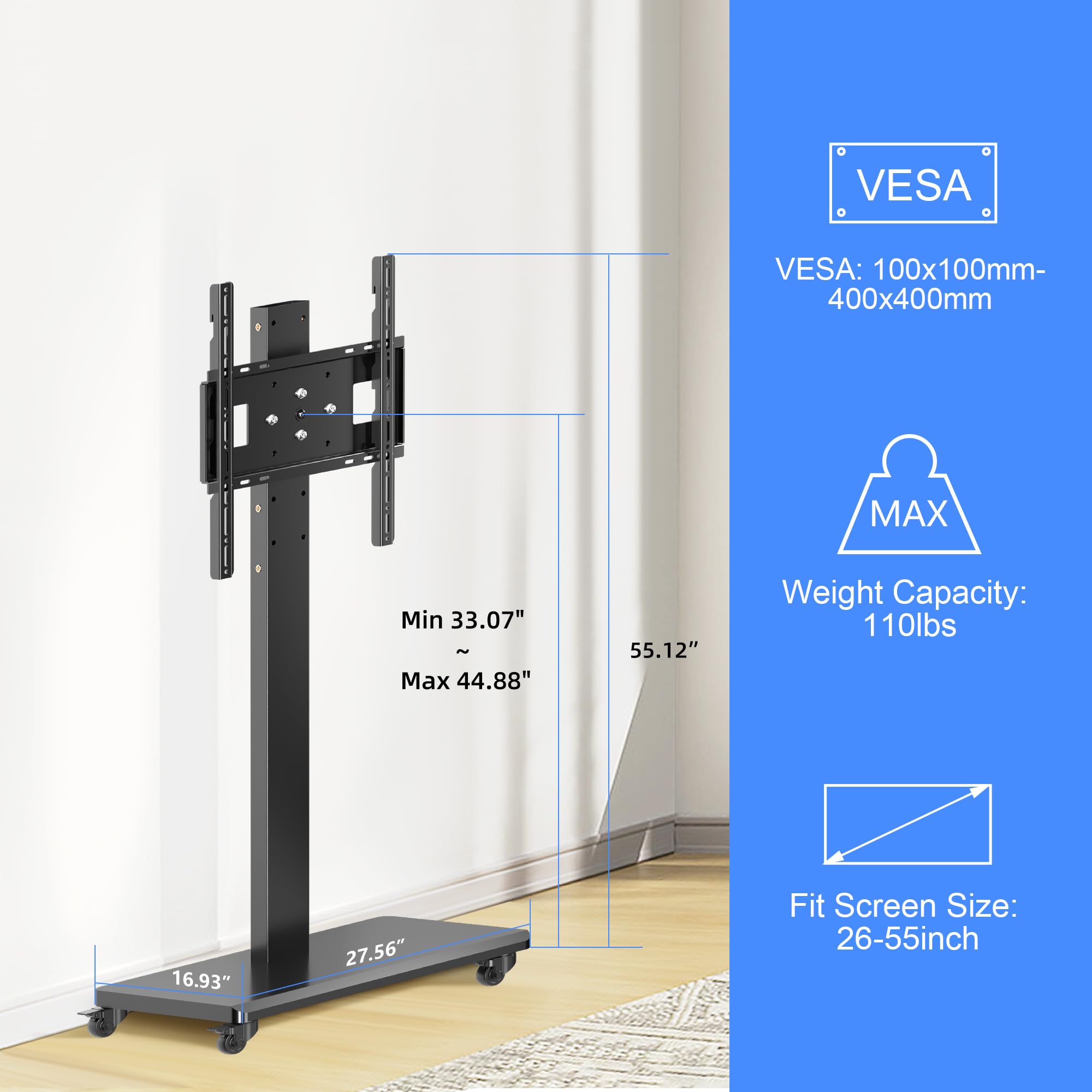 XINLEI Rotating Mobile TV Cart with Wheels Rolling TV Stand for 26-55" Flat Panel Screens TVs, Portrait to Landscape, Height Adjustable Floor Stand Base Max VESA 400x400mm