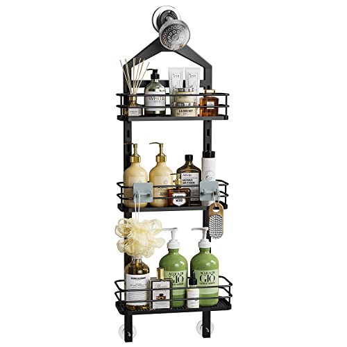Thideewiz 3 Tier Hanging Shower Caddy Over Shower Head, Anti-Swing Shower Shelf, Adjustable Rustproof Shower Rack, Metal Shower Organizer with Hooks, Black