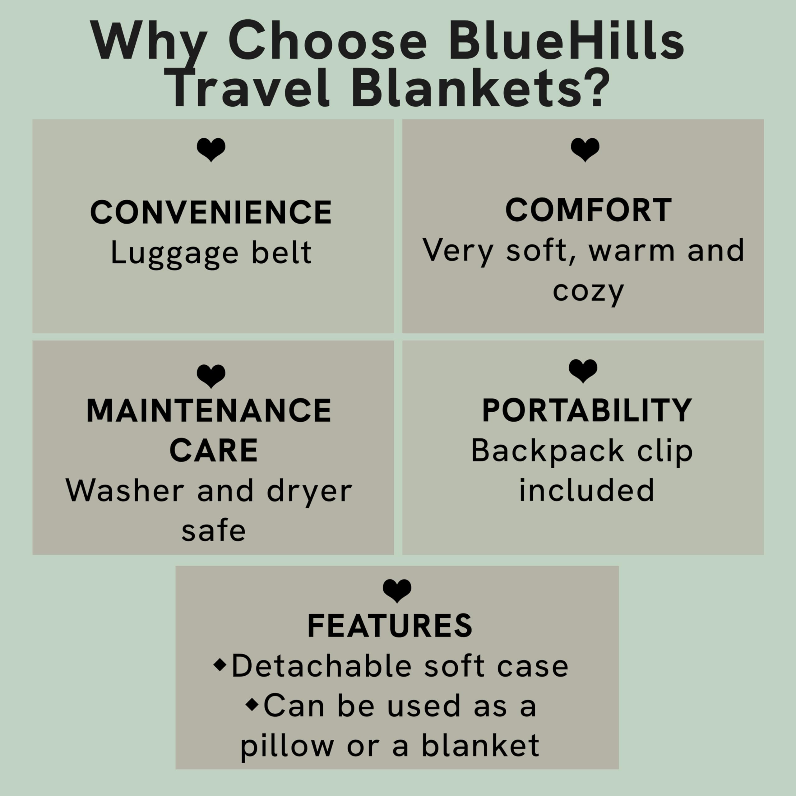 BlueHills Premium Soft Long Travel Blanket Pillow for Tall Airplane Flight Blanket 70 X48 inch Throw in Soft Bag case with Hand Luggage Belt & Backpack Clip Compact Pack Large Pink T055