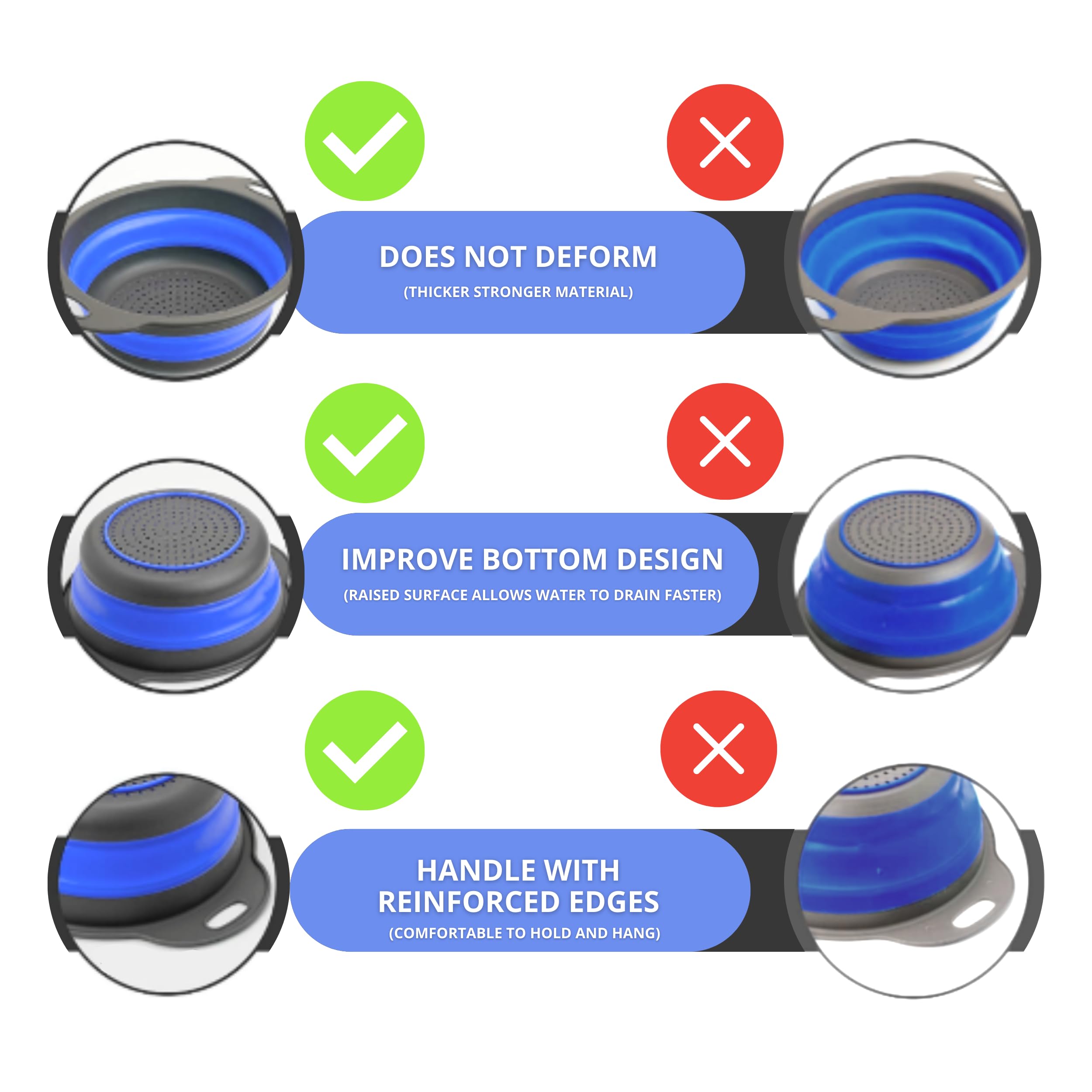 Round Silicone Blue Colander Collapsible – Foldable Kitchen Strainer Small Collapsible Colander Blue with Plastic Handles for Draining Vegetable and Fruit Round Silicone Kitchen Strainer for Pasta