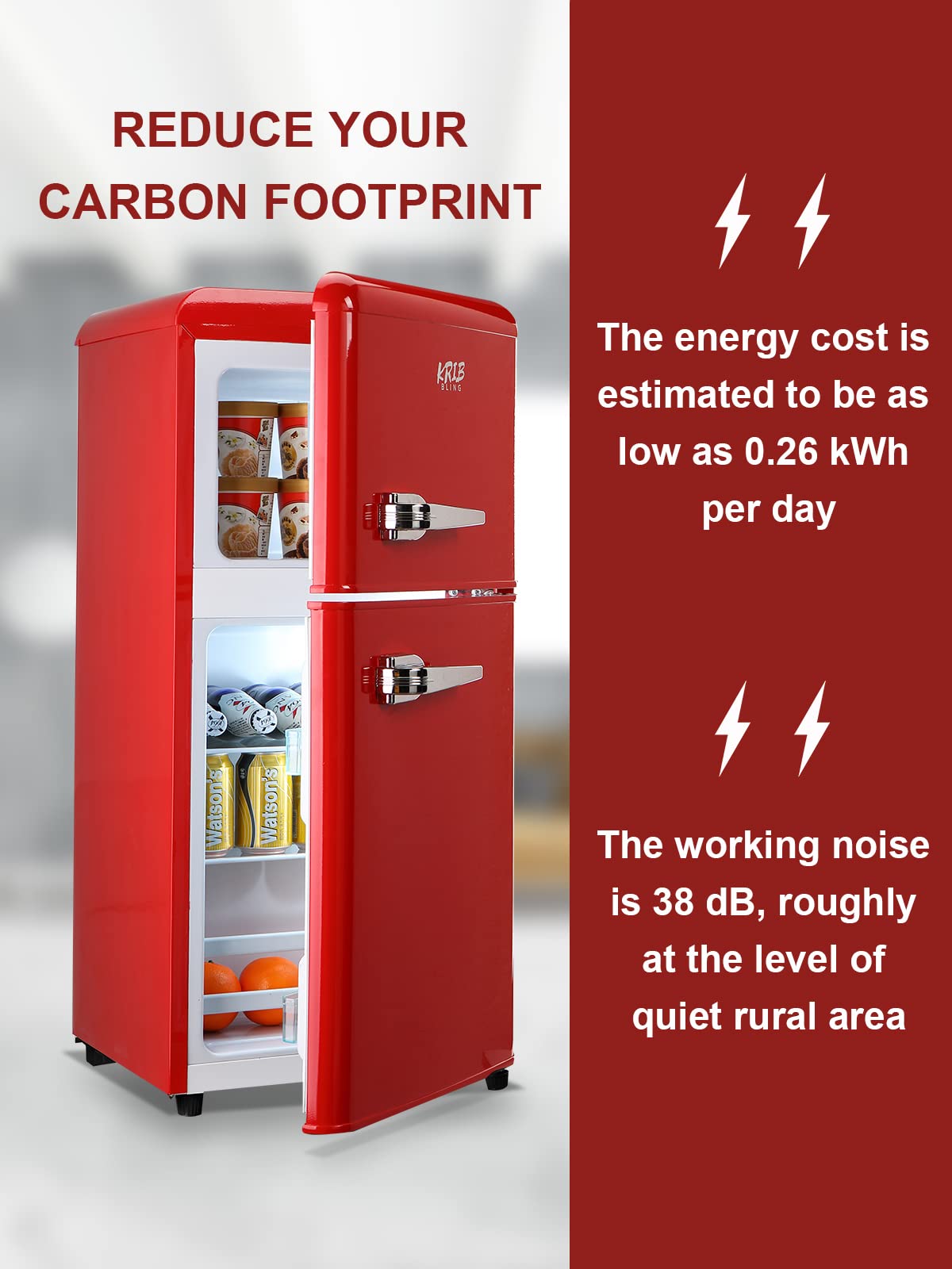 KRIB BLING 3.5 Cu.Ft Refrigerator 2 Door 7 Level Adjustable Thermostat Control Top-Freezer Refrigerator Lock Fresh Energy Saving Red (KB03-FLS-80G-RED)
