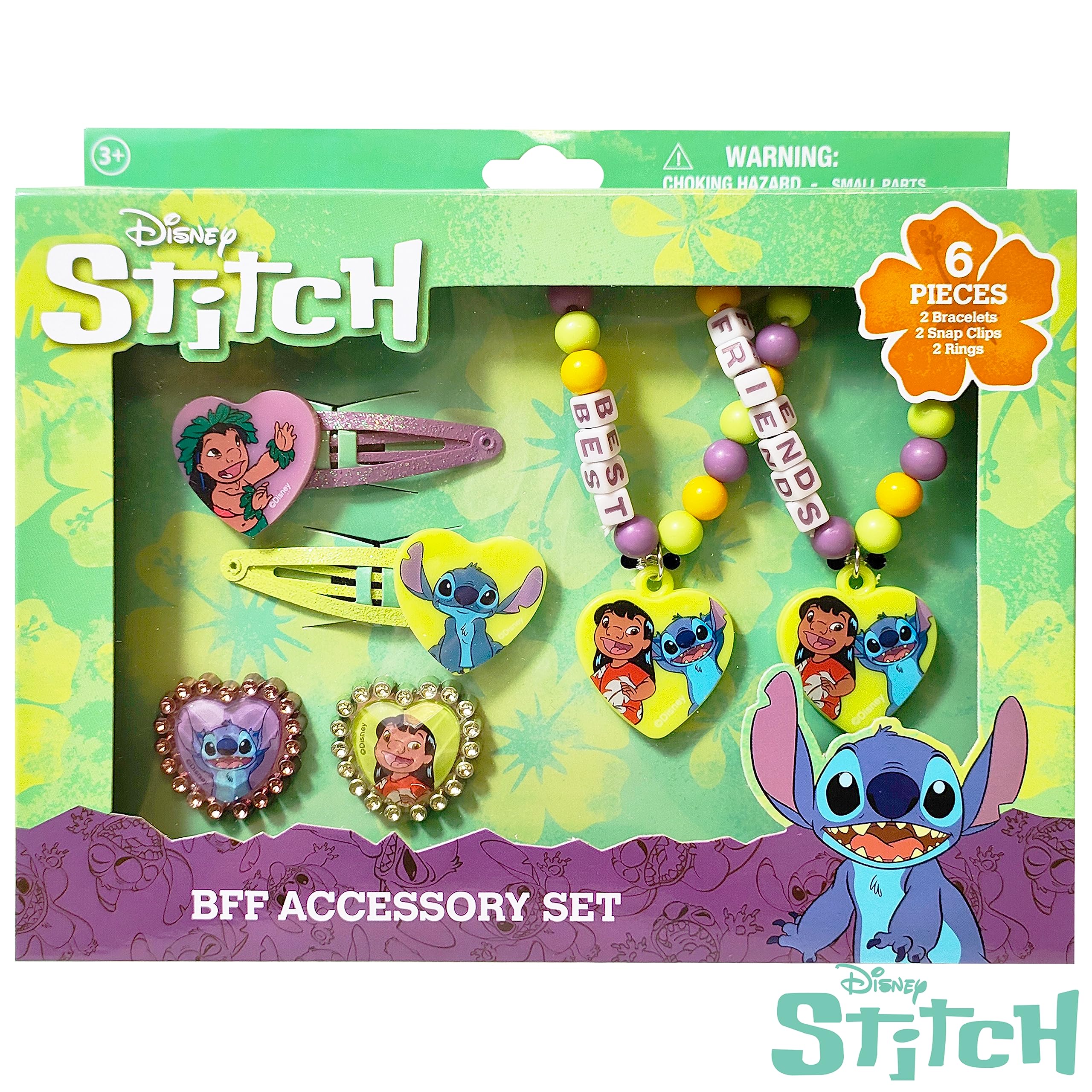 LUV HER Disney Stitch Girls BFF 6 Piece Toy Jewelry Box Set with 2 Rings, 2 Bead Bracelets and Snap Hair Clips Ages 3+