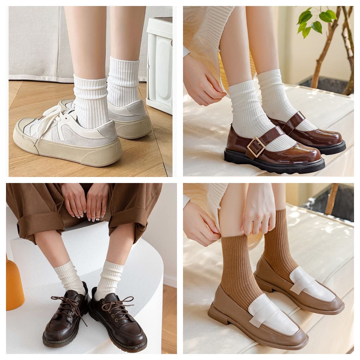 MarJunSep Womens Cute Crew Socks Neutral Cotton Slouchy Loafer Boot Dress Socks Women Girls Granola Essentials 6 Pairs Pack