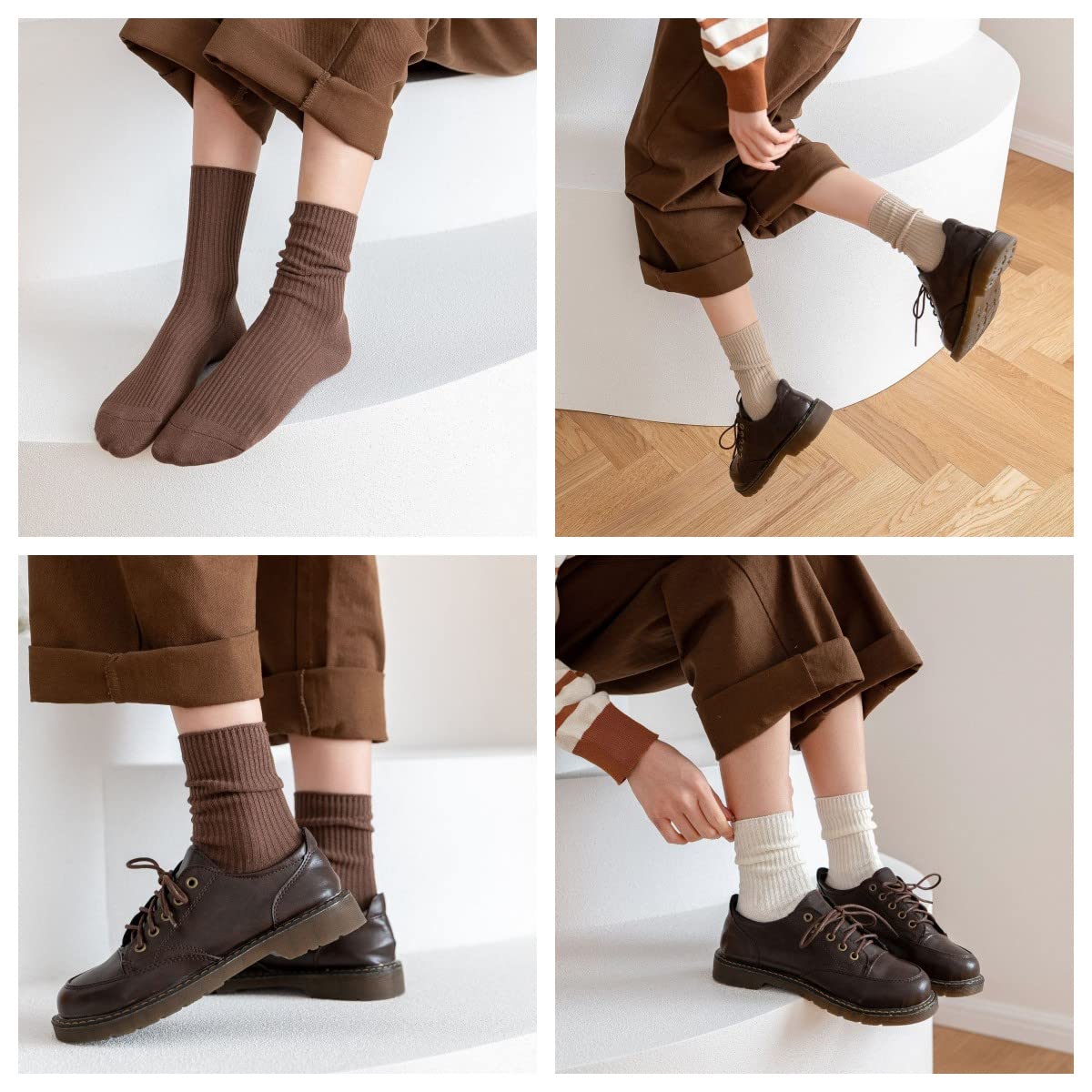 MarJunSep Womens Cute Crew Socks Neutral Cotton Slouchy Loafer Boot Dress Socks Women Girls Granola Essentials 6 Pairs Pack