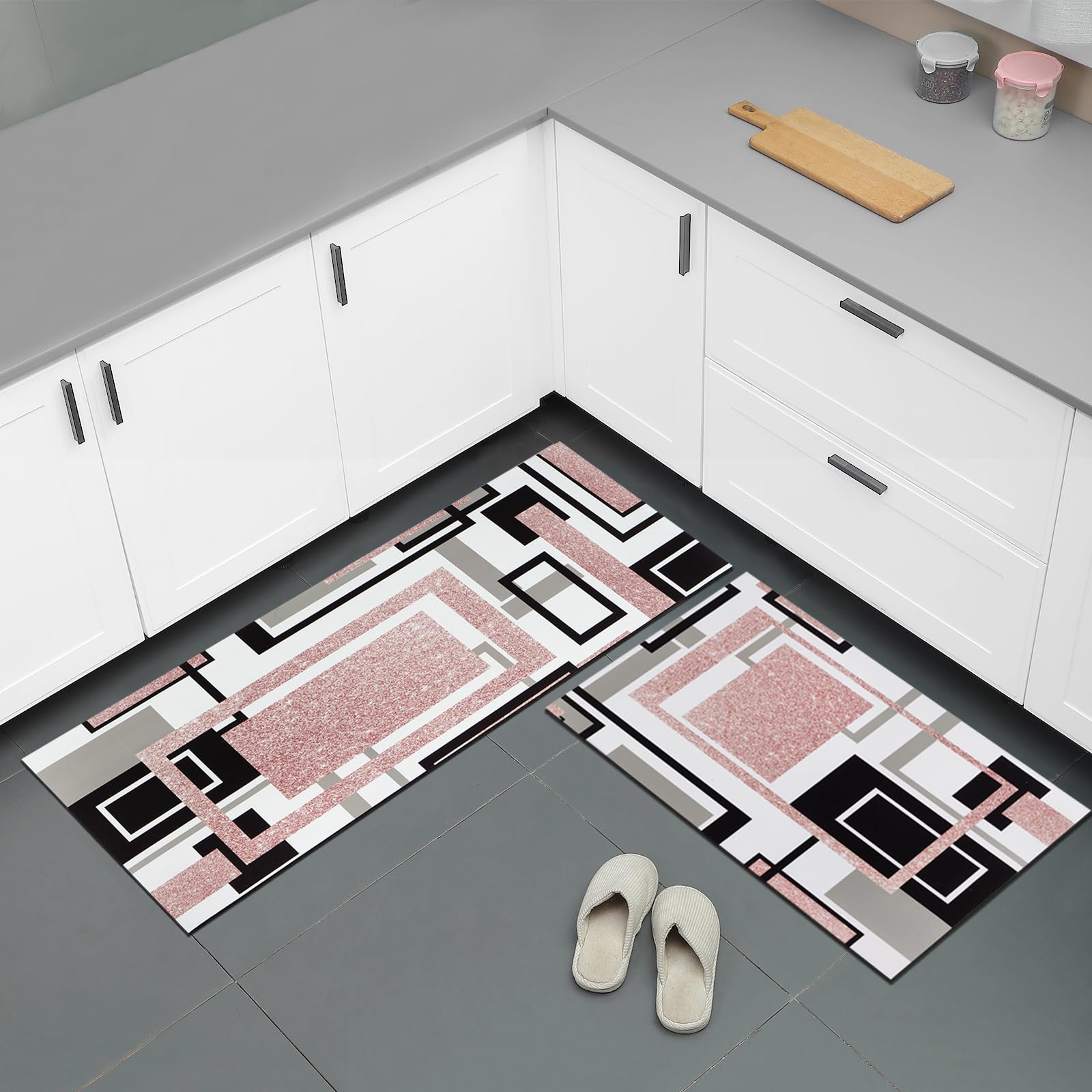 FRAMICS Anti Fatigue Kitchen Mats Set of 2, Non Slip Cushioned Kitchen Rug Sets, Washable Geometric Square Kitchen Runner Rugs for Home Office Laundry, 17'' x 47'' + 17'' x 30'' Abstract Art Patchwork
