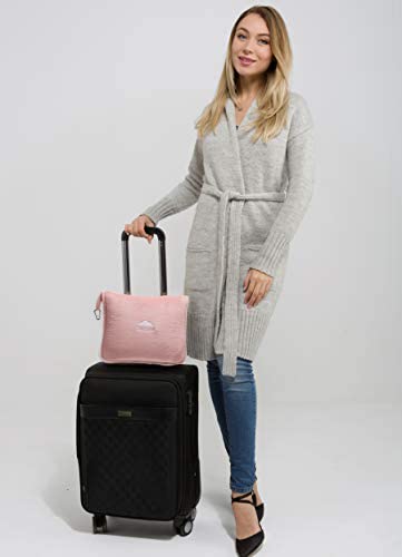 BlueHills Premium Soft Long Travel Blanket Pillow for Tall Airplane Flight Blanket 70 X48 inch Throw in Soft Bag case with Hand Luggage Belt & Backpack Clip Compact Pack Large Pink T055