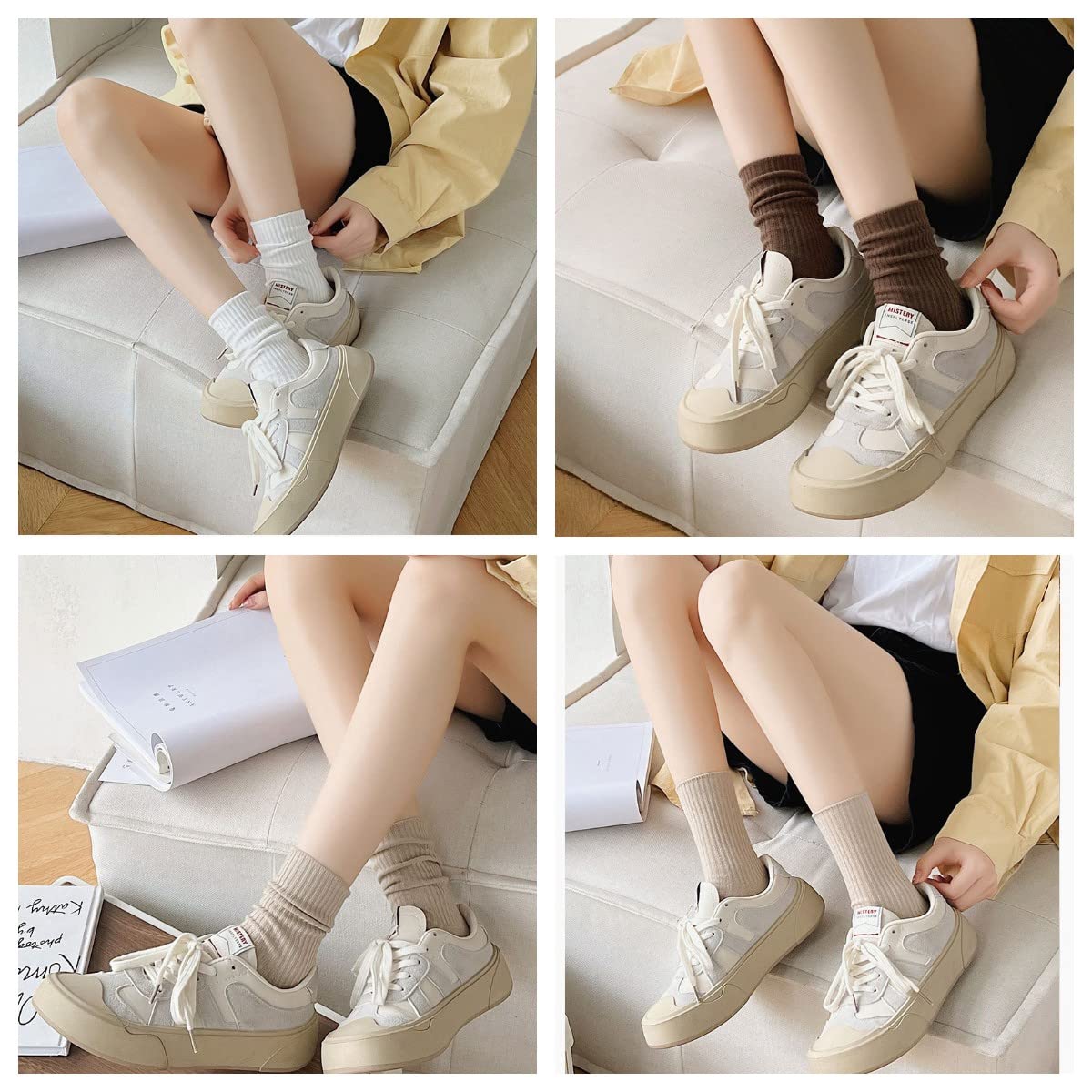 MarJunSep Womens Cute Crew Socks Neutral Cotton Slouchy Loafer Boot Dress Socks Women Girls Granola Essentials 6 Pairs Pack