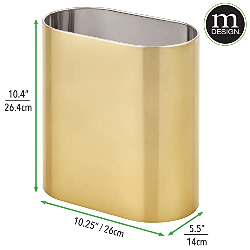 mDesign Slim Pill Shaped Metal 1.98 Gallon Recycle Trash Can Wastebasket, Garbage Container Bin for Bathrooms, Kitchen, Bedroom, Home Office - Durable Stainless Steel - Mirri Collection - Soft Brass