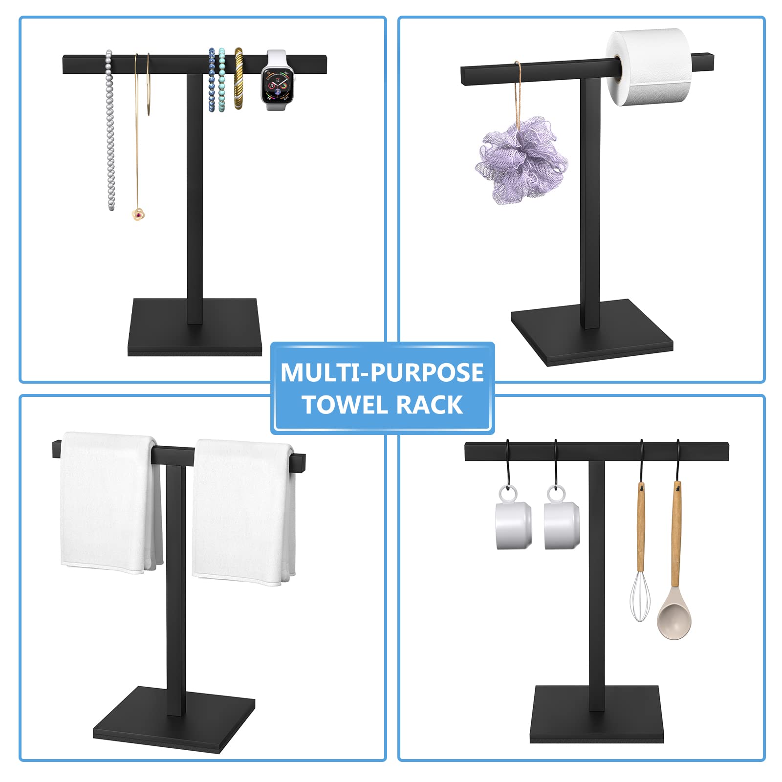 Pynsseu Hand Towel Holder Stand, Matte Black SUS304 Stainless Steel Freestanding T-Shape Towel Bar Rack for Bathroom Kitchen Vanity Countertop