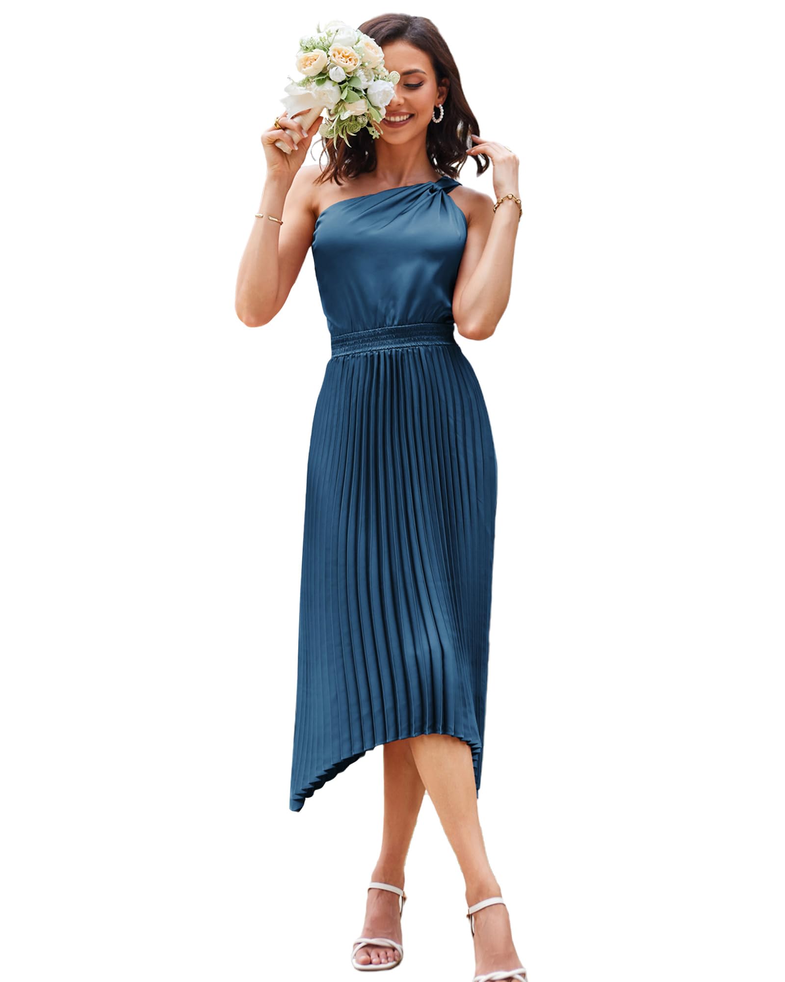 GRACE KARIN Womens One Shoulder Cutout Sleeveless Midi Dress Sexy Satin Pleated Dress Elegant Formal Prom Party Dress Peacock Blue S