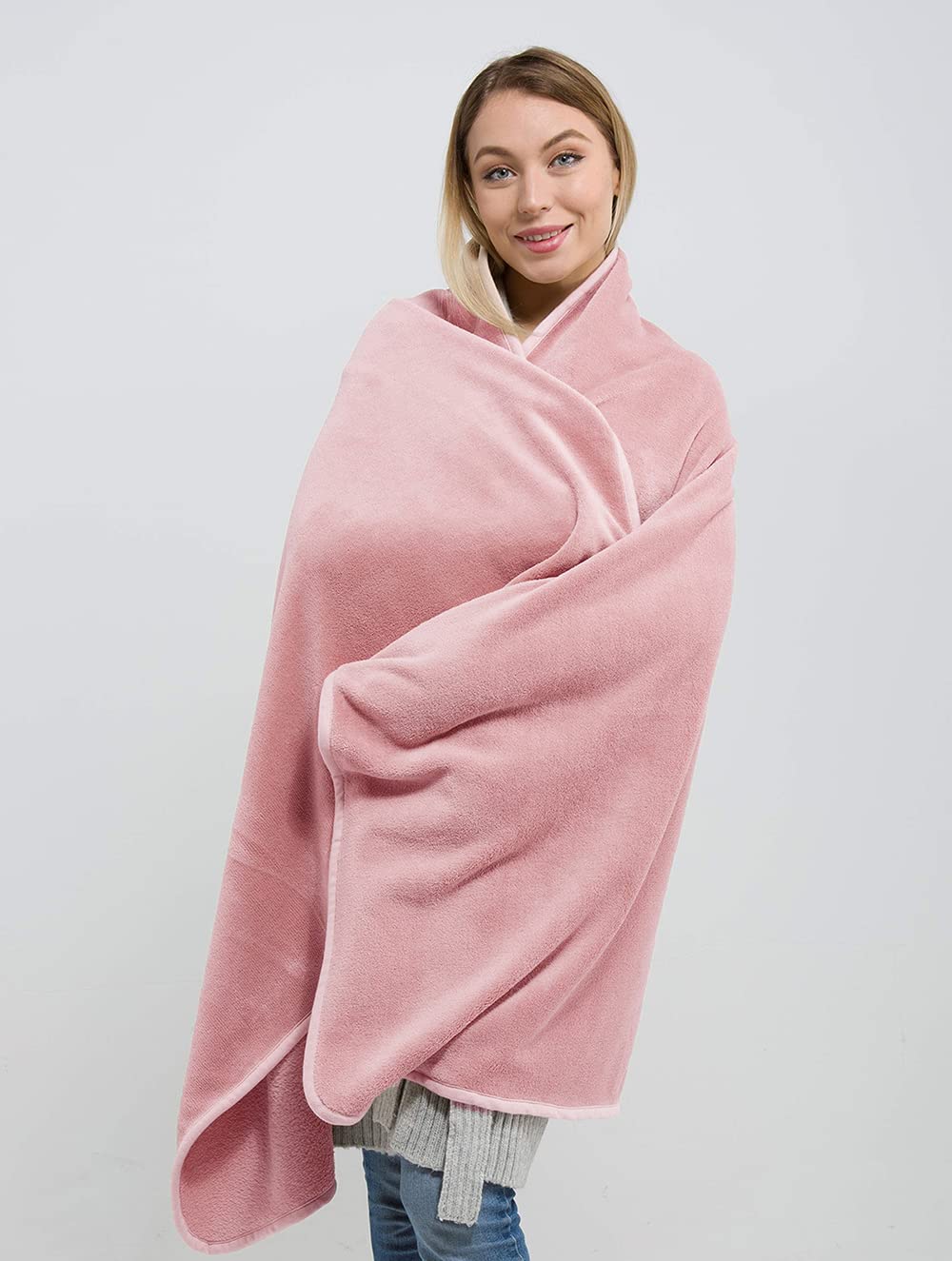 BlueHills Premium Soft Long Travel Blanket Pillow for Tall Airplane Flight Blanket 70 X48 inch Throw in Soft Bag case with Hand Luggage Belt & Backpack Clip Compact Pack Large Pink T055